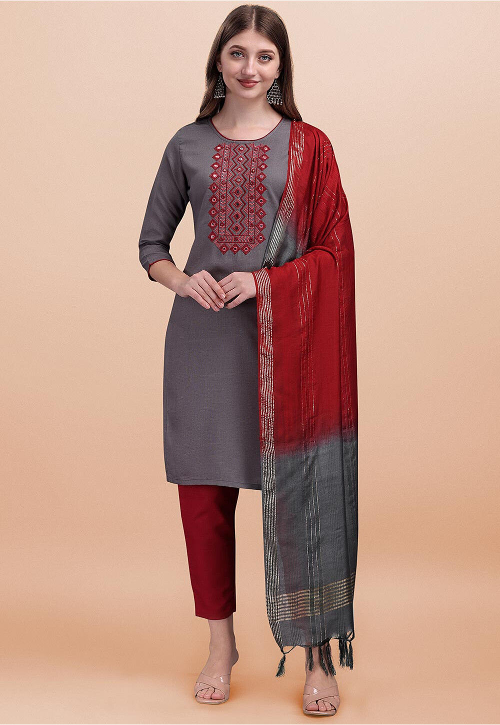 Buy Embroidered Cotton Slub Pakistani Suit in Grey Online : KJC1873 ...