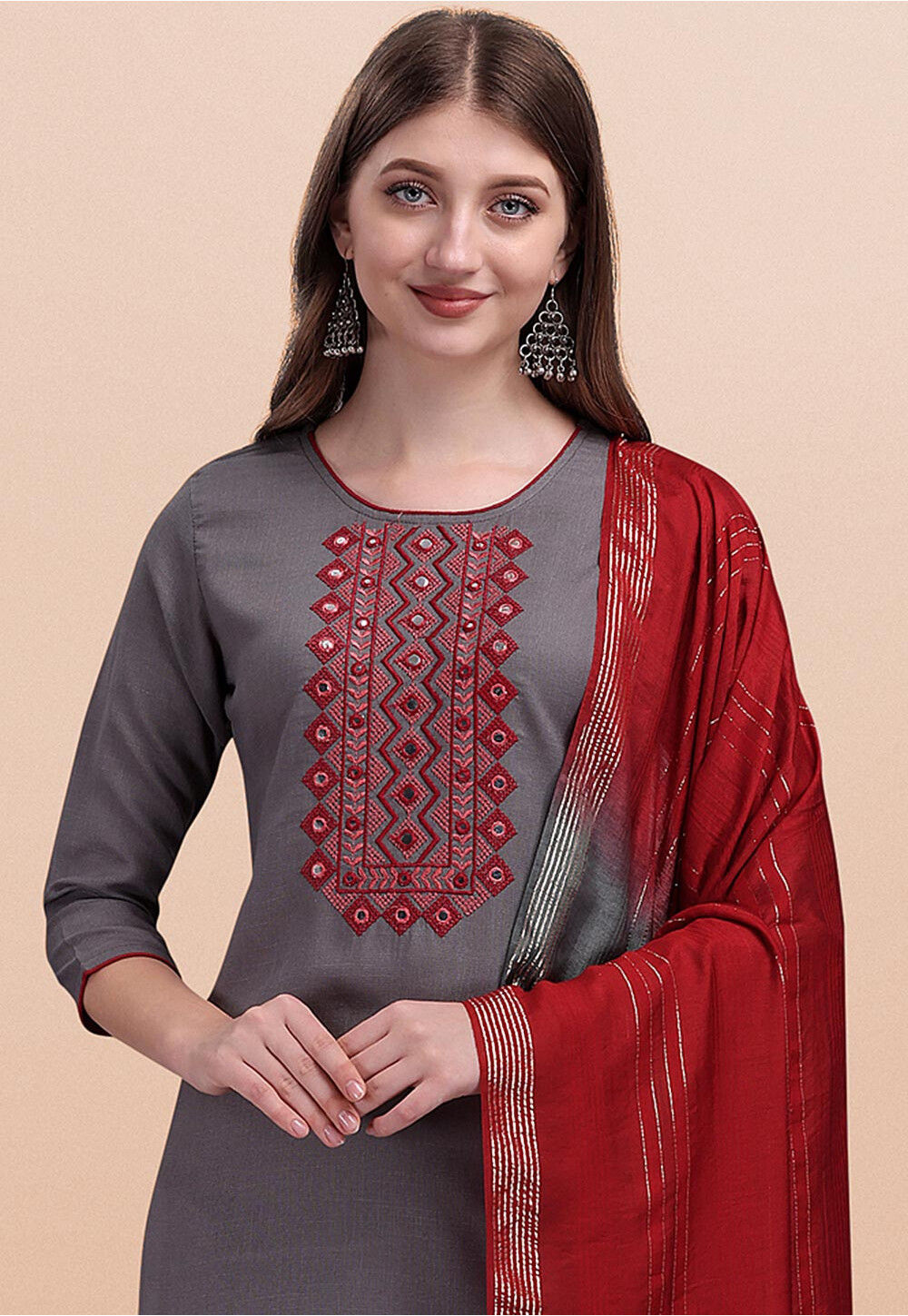 Buy Embroidered Cotton Slub Pakistani Suit in Grey Online : KJC1873 ...