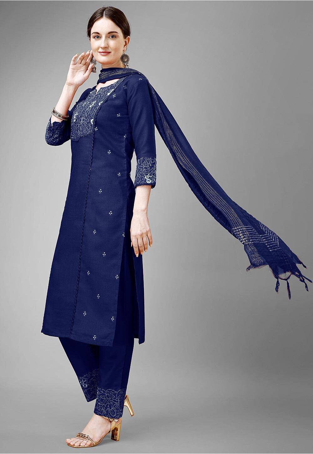Buy Embroidered Cotton Slub Pakistani Suit in Navy Blue Online ...