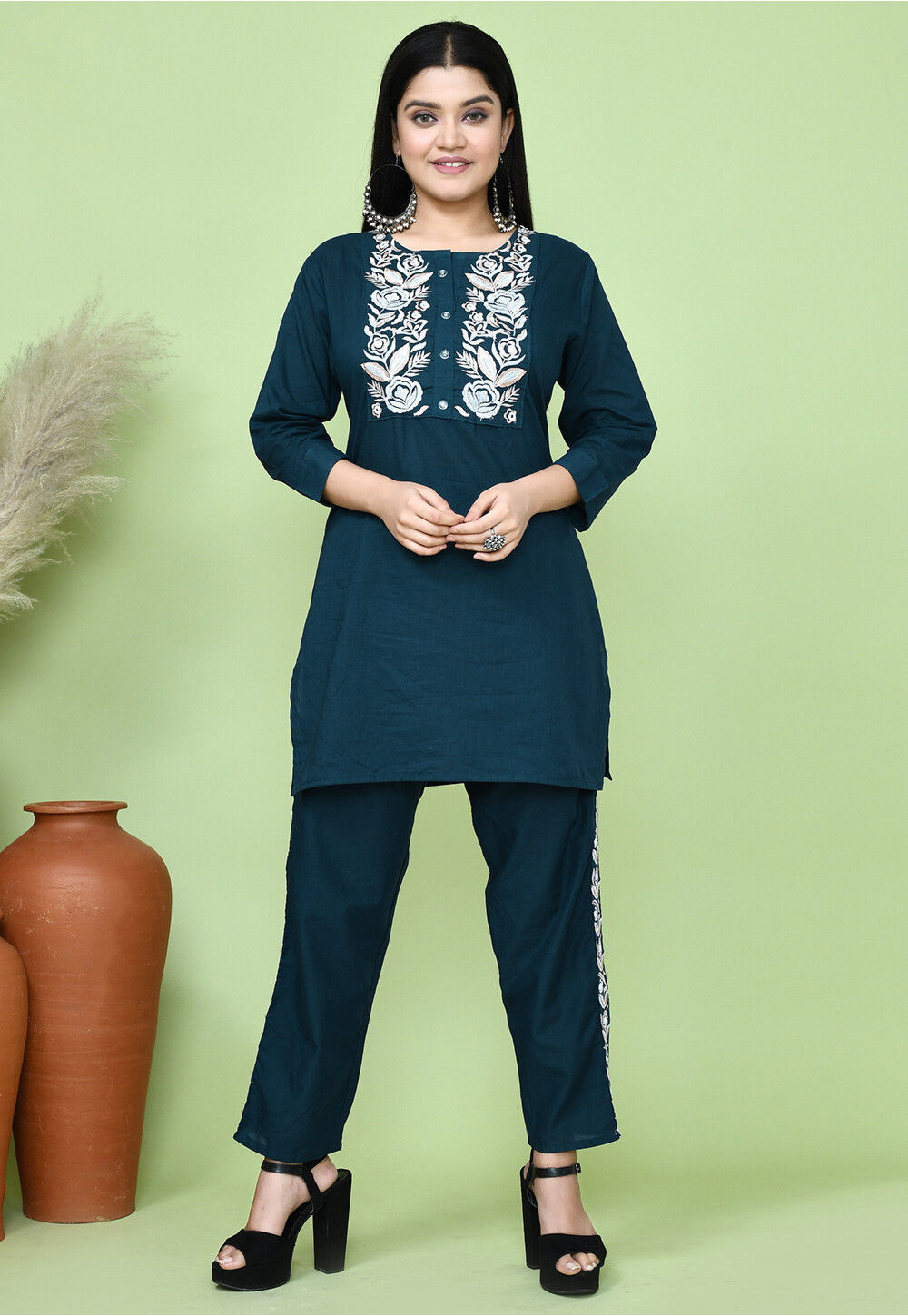 Buy Embroidered Cotton Tunic Set in Teal Blue Online : TUF1662 - Utsav ...