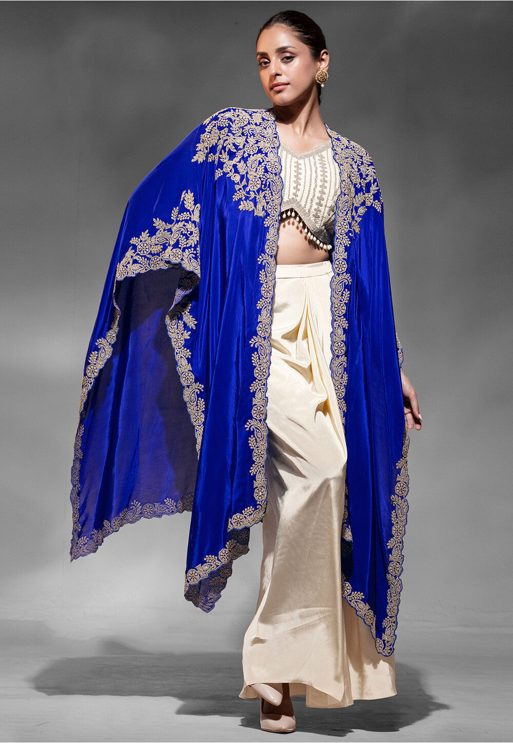 Buy Embroidered Crepe Crop Top Set in Cream and Royal Blue Online ...