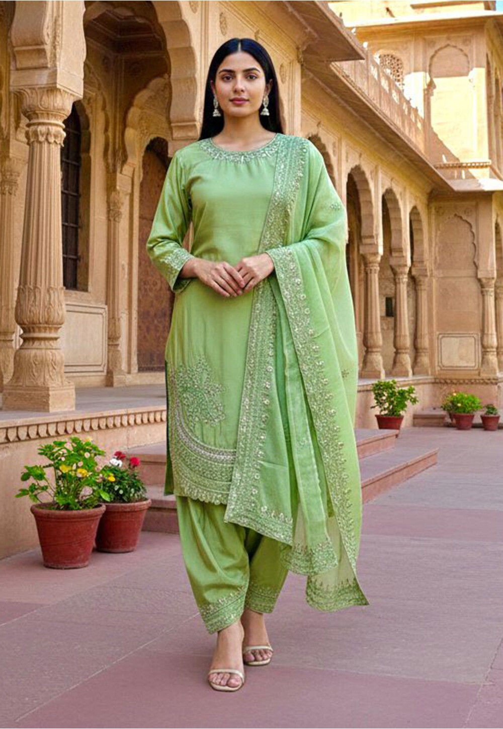 Buy Embroidered Crepe Punjabi Suit in Light Green Online : KCU1010 ...
