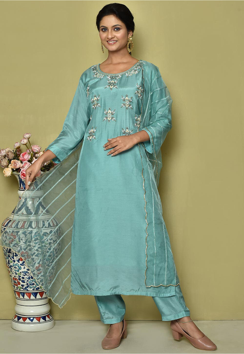 Buy Embroidered Crepe Silk Pakistani Suit in Turquoise Online : KWU40 ...