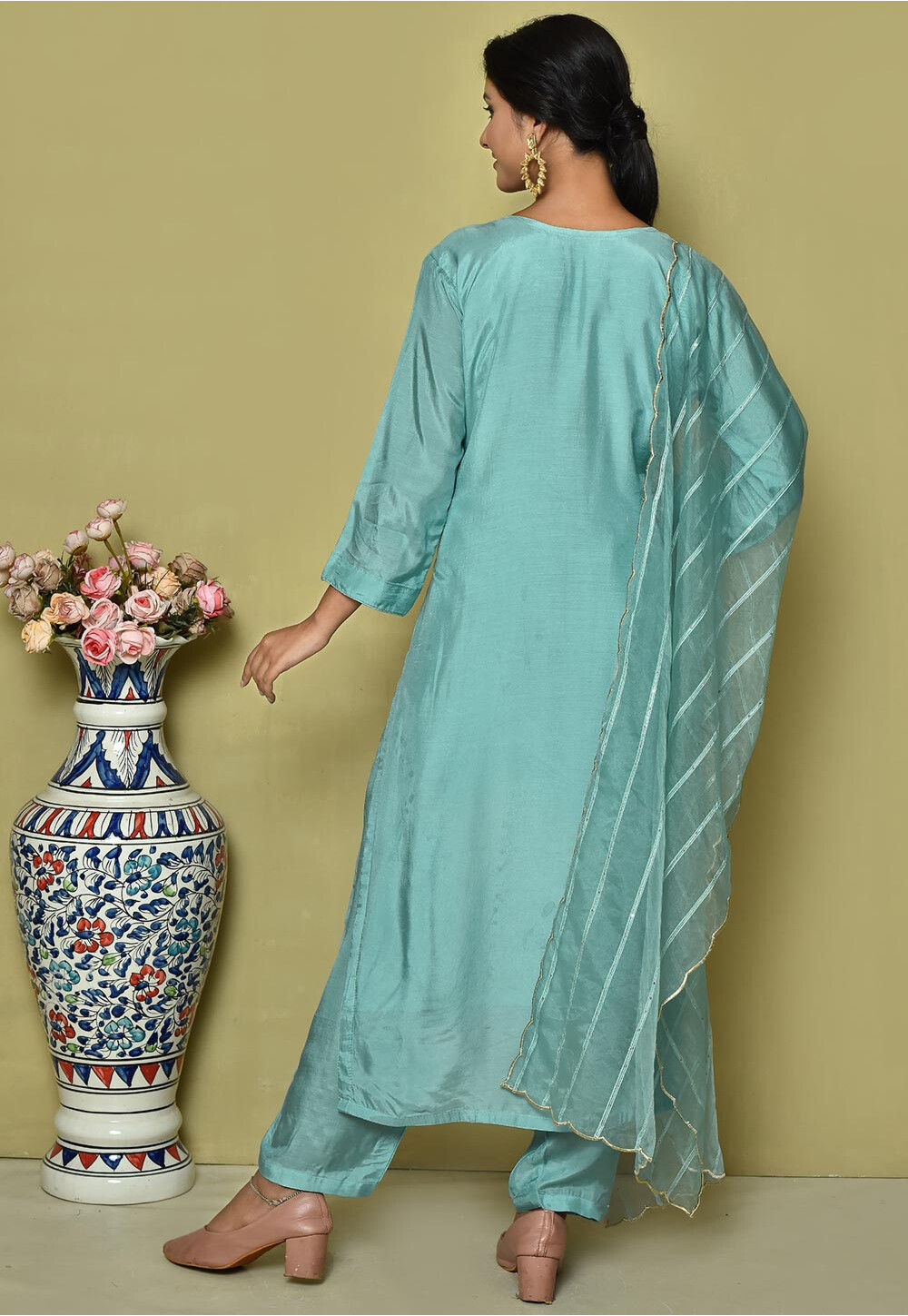 Buy Embroidered Crepe Silk Pakistani Suit in Turquoise Online : KWU40 ...
