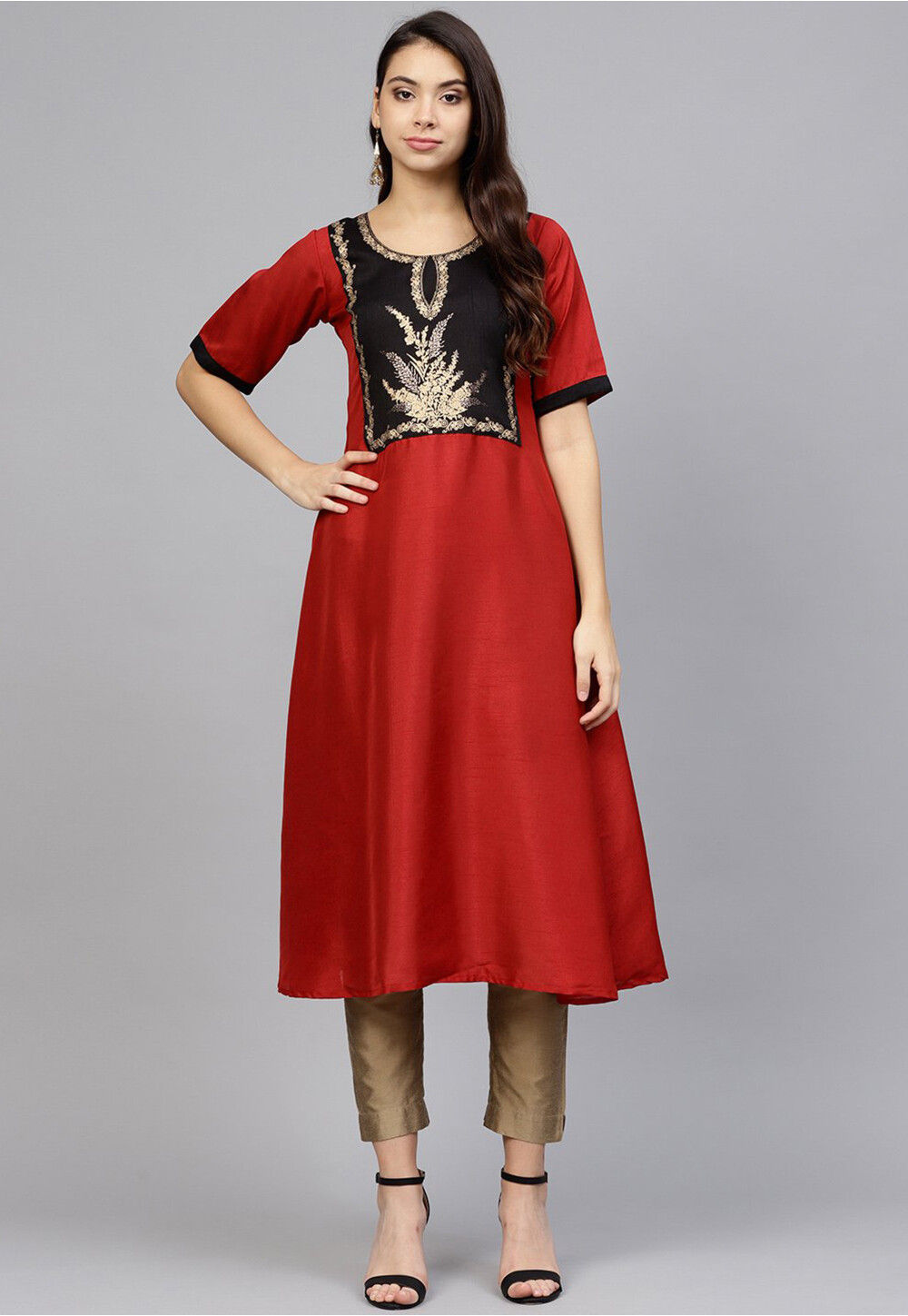 Buy Embroidered Dupion Silk A Line Kurta in Red Online : TWR221 - Utsav ...