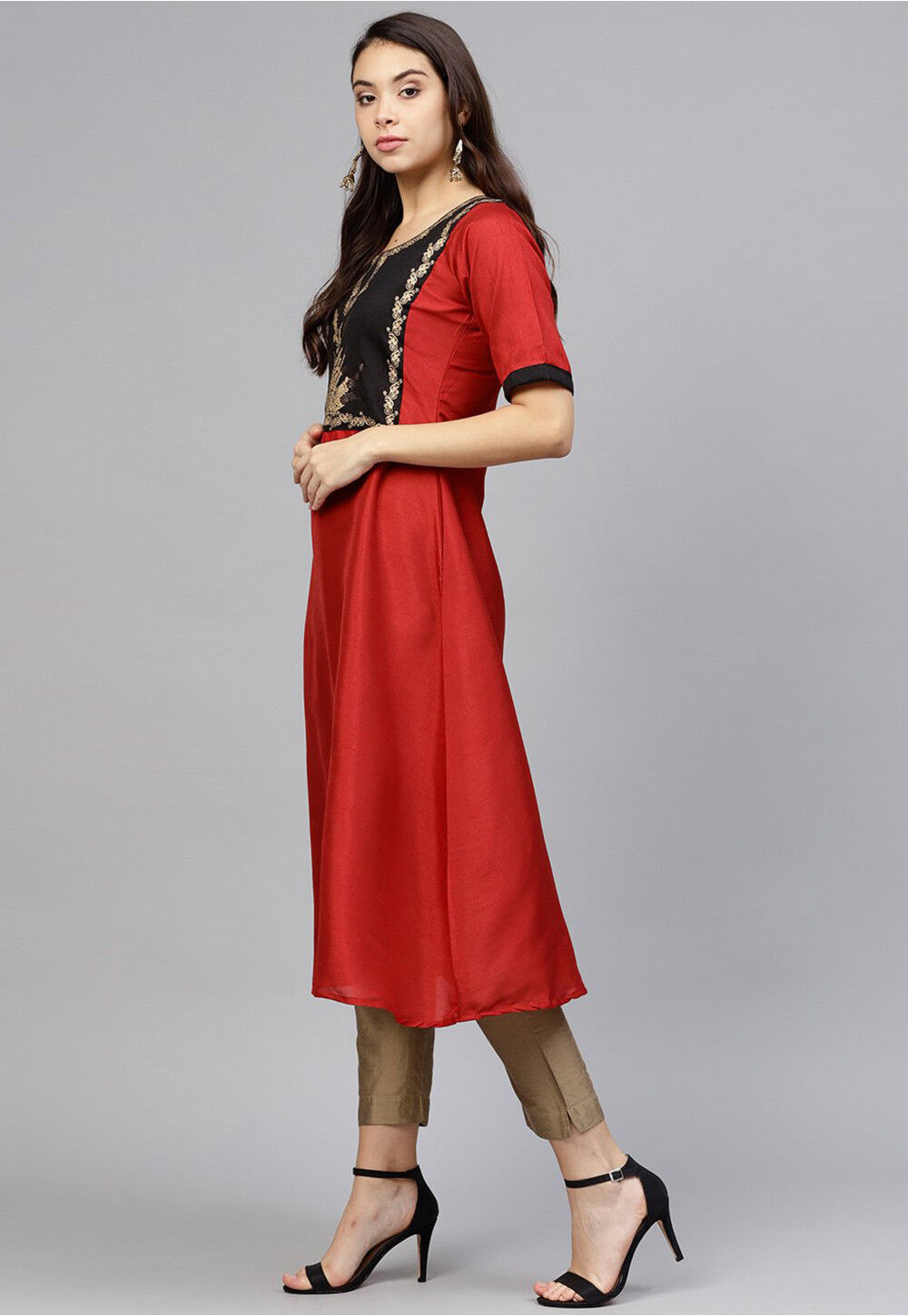 Buy Embroidered Dupion Silk A Line Kurta in Red Online : TWR221 - Utsav ...
