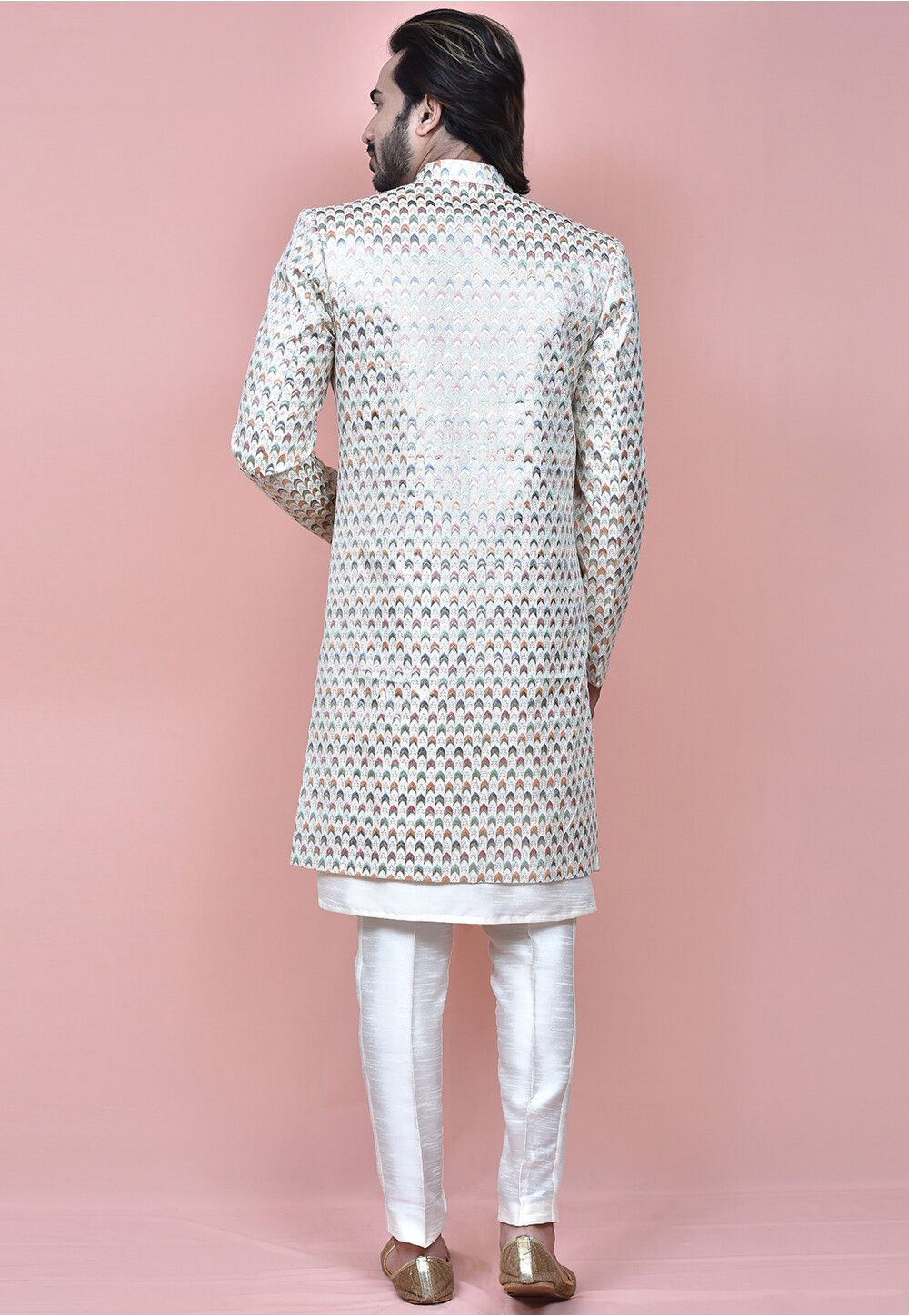 Buy Embroidered Dupion Silk Jacket Style Sherwani in Light Beige Online ...