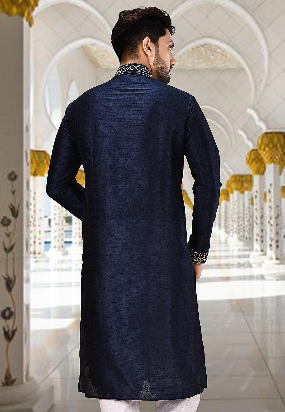 Buy Embroidered Dupion Silk Kurta in Dark Navy Blue Online : MLC363 ...