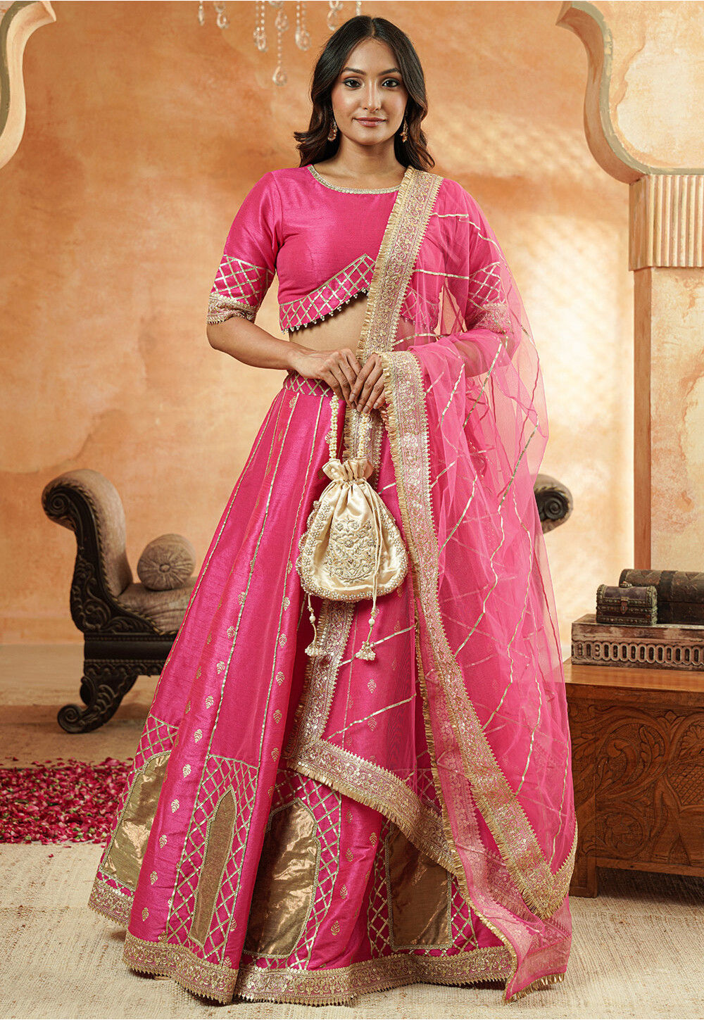Buy Embroidered Dupion Silk Lehenga in Pink Online : LUFC38 - Utsav Fashion