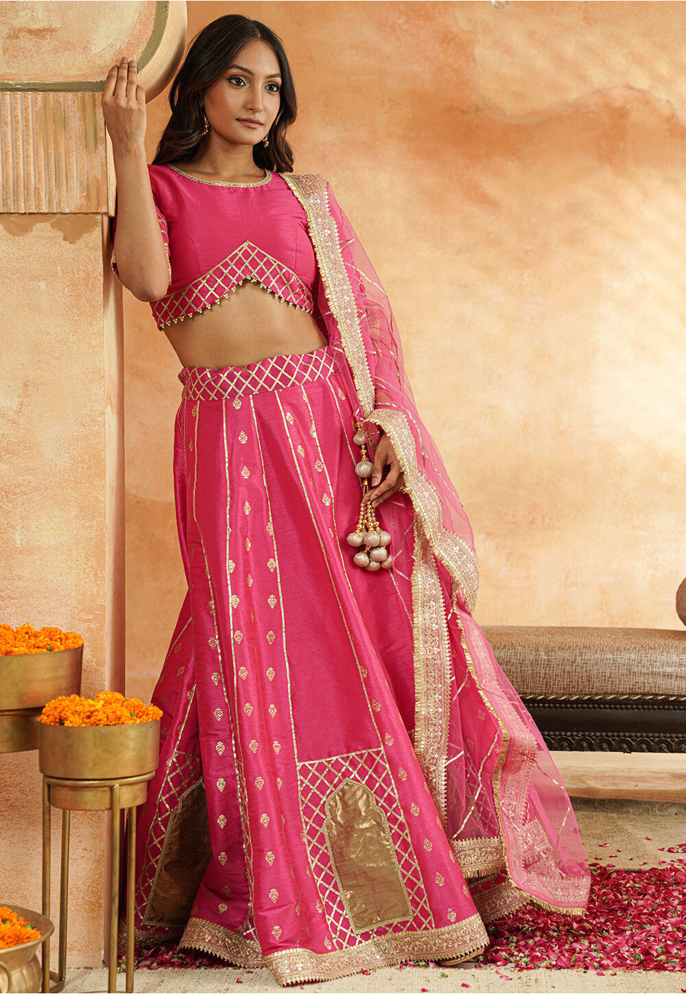 Buy Embroidered Dupion Silk Lehenga in Pink Online : LUFC38 - Utsav Fashion