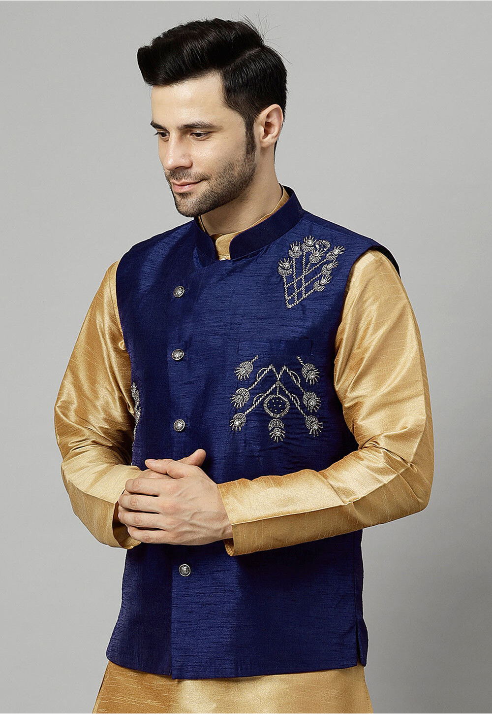Buy Embroidered Dupion Silk Nehru Jacket in Navy Blue Online : MXX1453 ...
