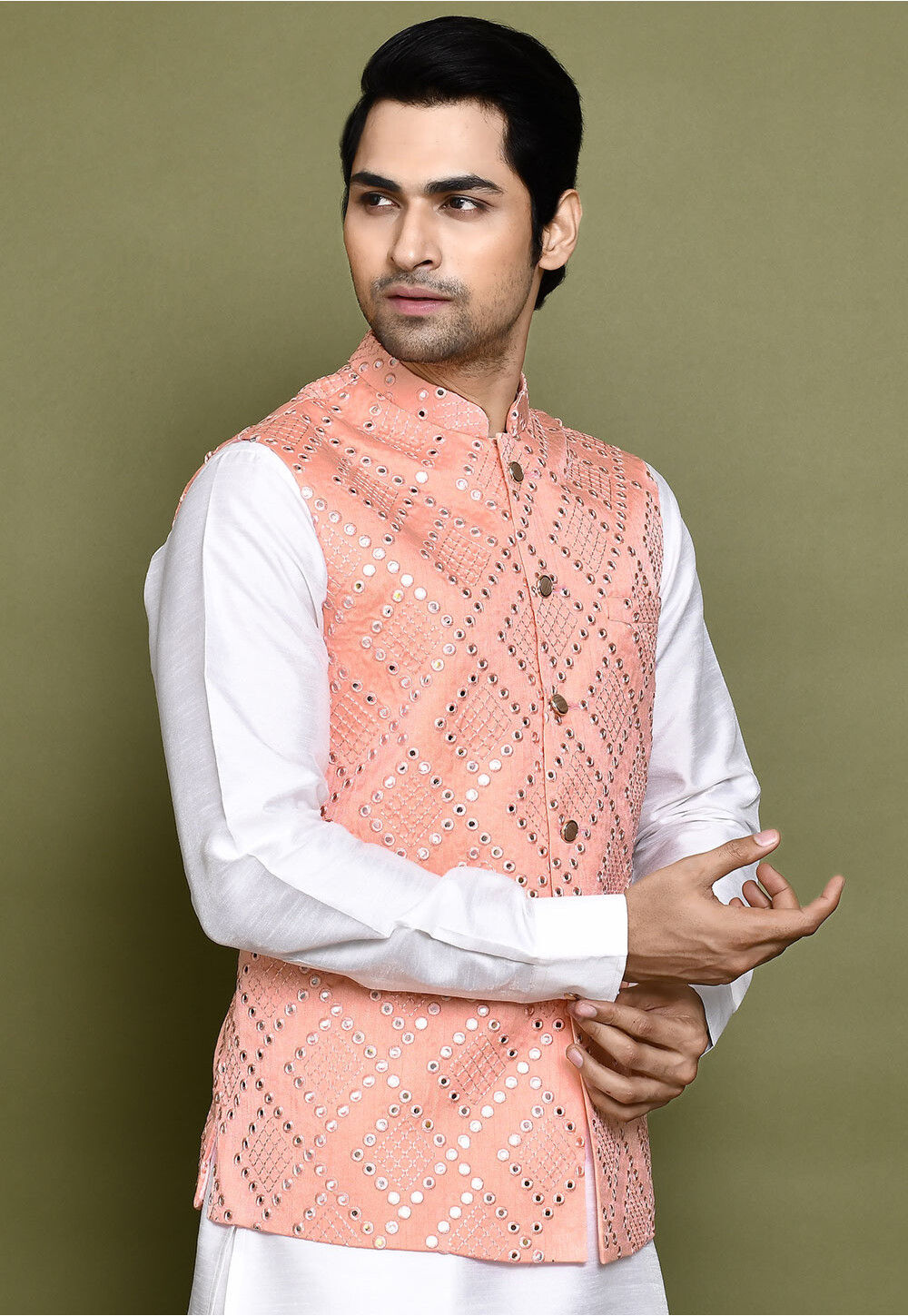 Buy Embroidered Dupion Silk Nehru Jacket in Peach Online : MTX3387 ...