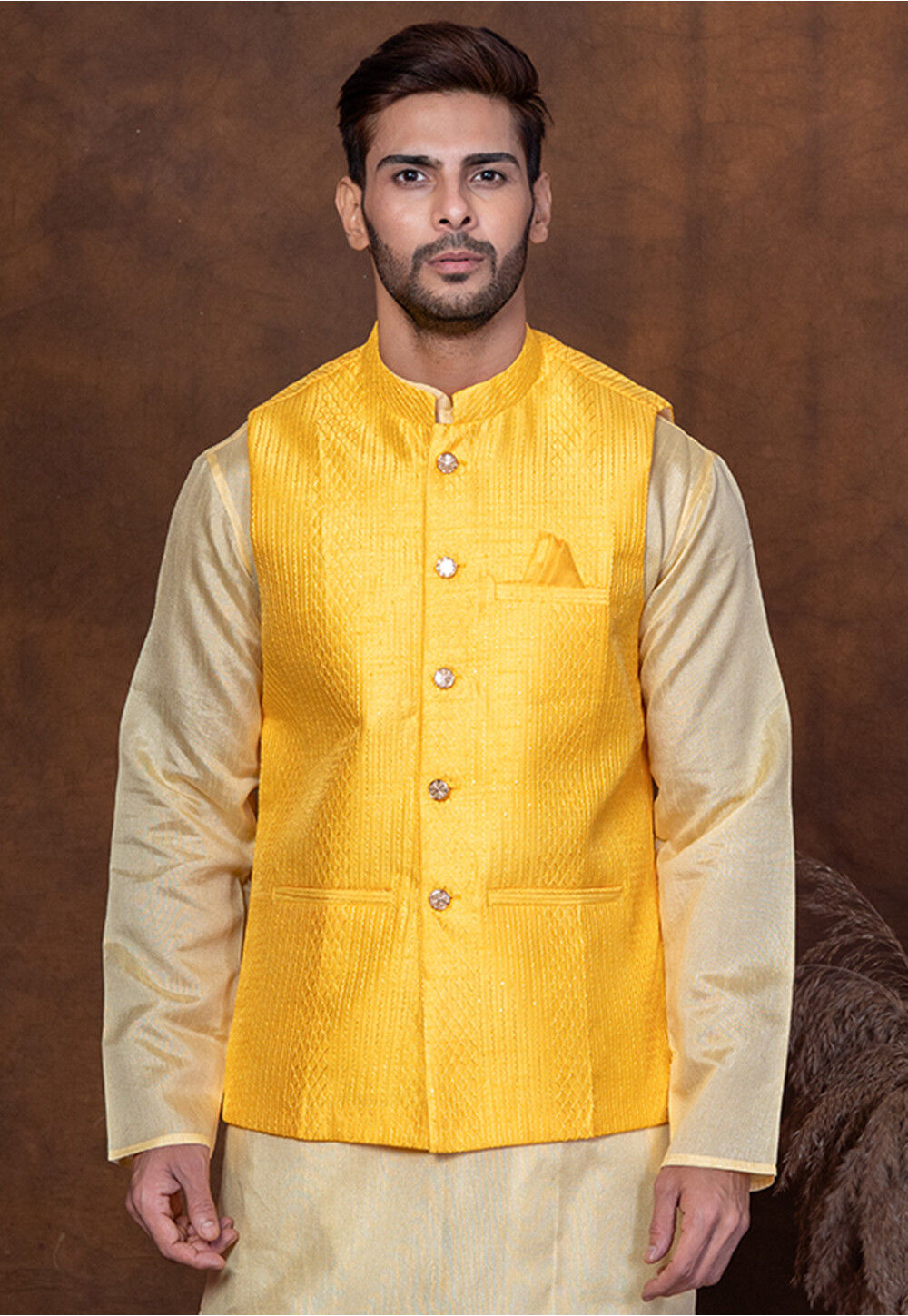 Buy Embroidered Dupion Silk Nehru Jacket in Yellow Online : MEJ358 ...