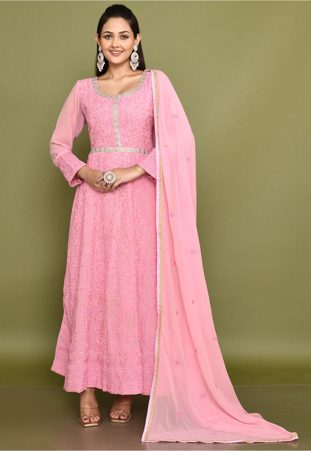 Buy Embroidered Georgette Abaya Style Suit in Baby Pink Online ...