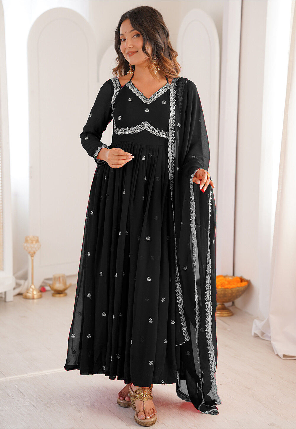 Buy Embroidered Georgette Abaya Style Suit in Black Online : KVG900 ...