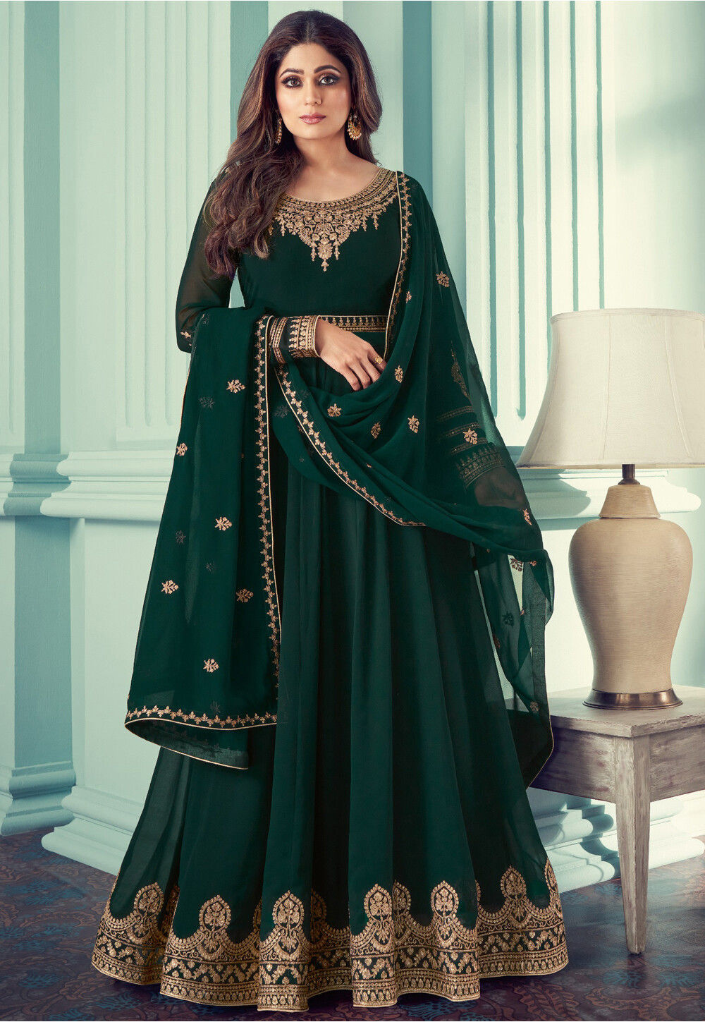 Buy Embroidered Georgette Abaya Style Suit in Dark Green Online ...