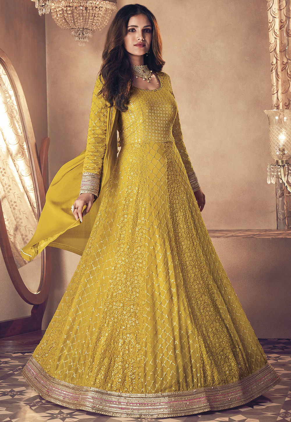 Buy Embroidered Georgette Abaya Style Suit in Mustard Online : KCH7952 ...