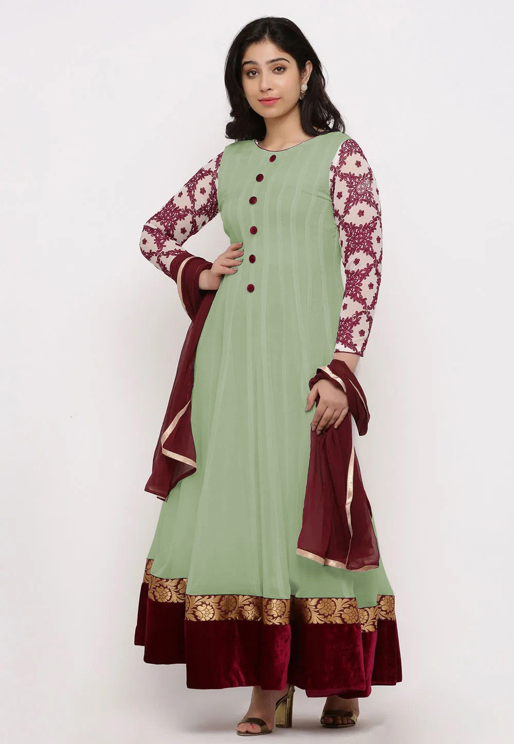 Buy Embroidered Georgette Abaya Style Suit in Pastel Green Online ...