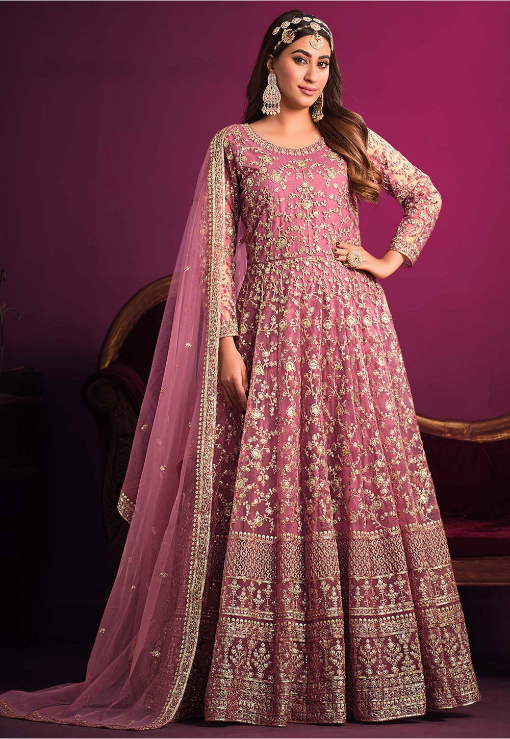 Buy Embroidered Net Abaya Style Suit in Pink Online : KCH10953 - Utsav ...
