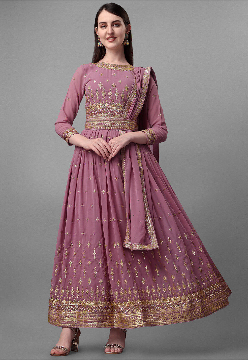 Buy Embroidered Georgette Abaya Style Suit in Pink Online : KJC2688 ...