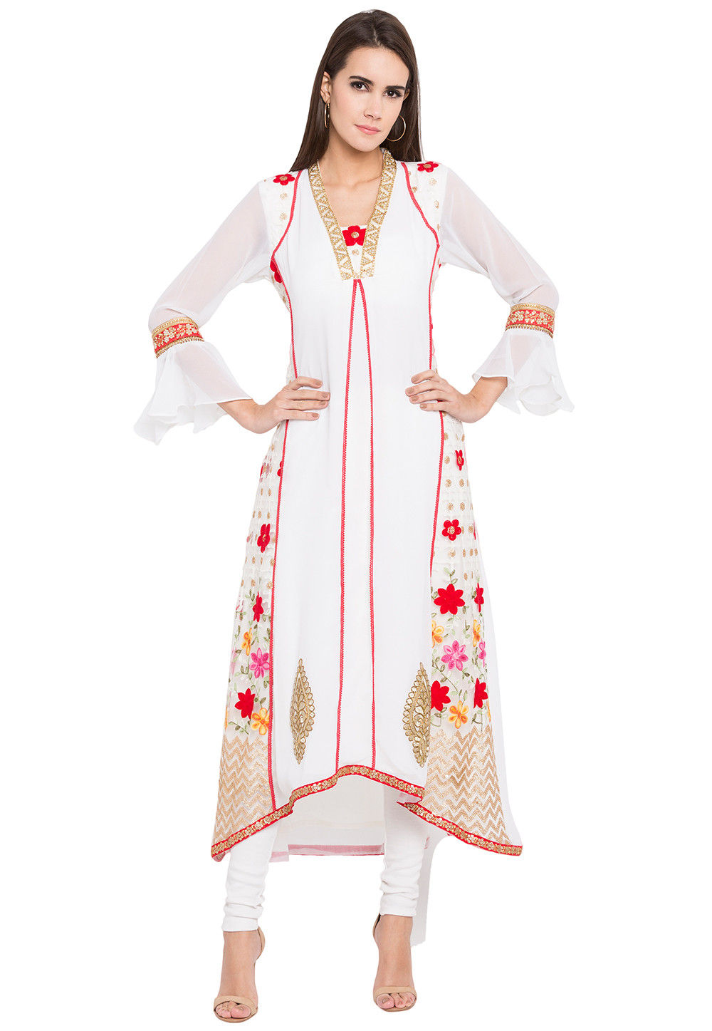 Buy Embroidered Georgette Asymmetic Kurta in Off White Online : TNC1042 ...