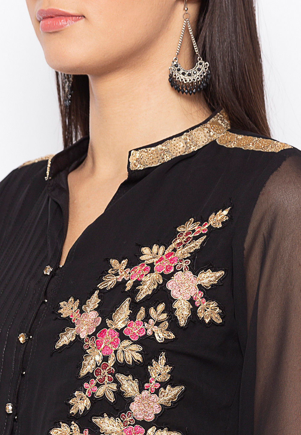 Buy Embroidered Georgette Asymmetric Kurta in Black Online : TNC1132 ...
