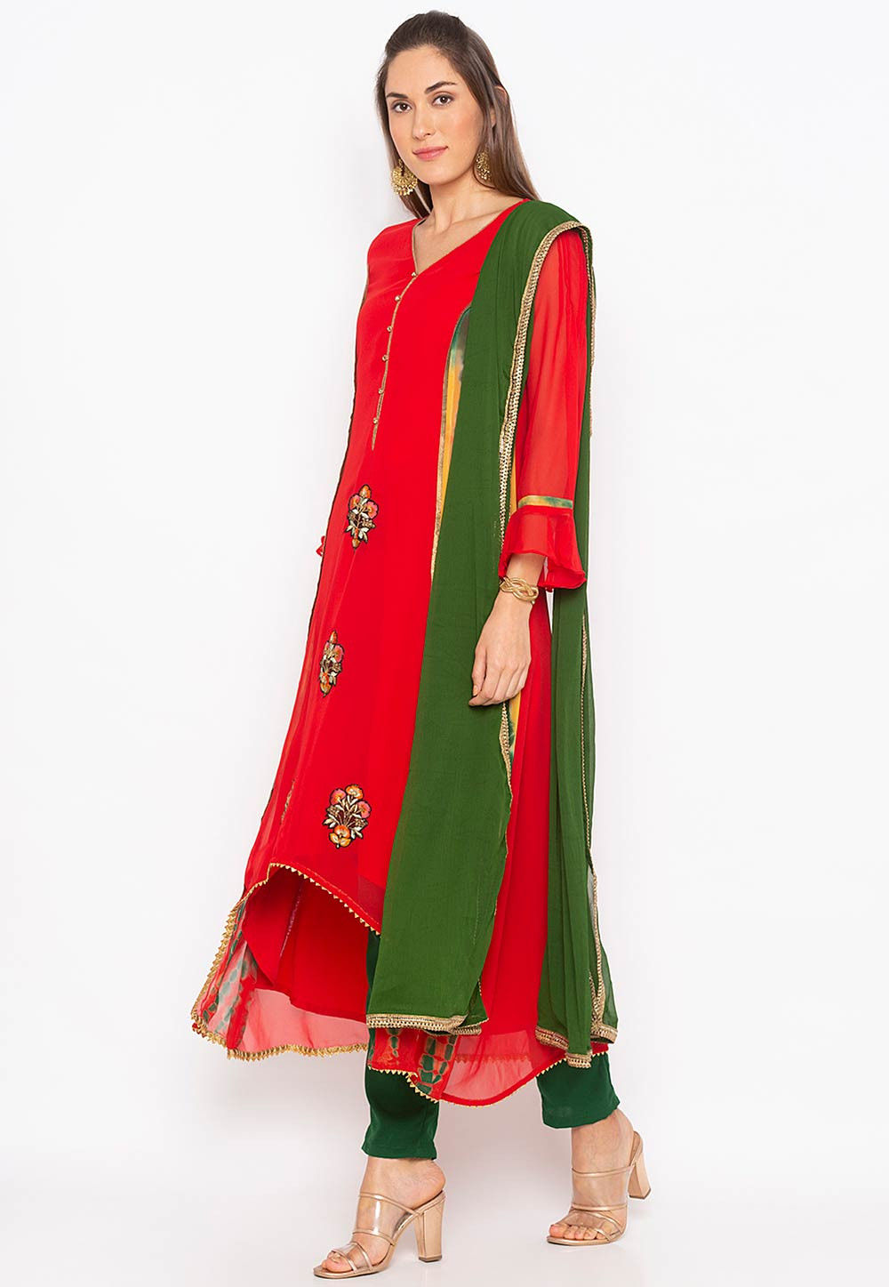 Buy Embroidered Georgette Asymmetric Pakistani Suit in Red Online ...