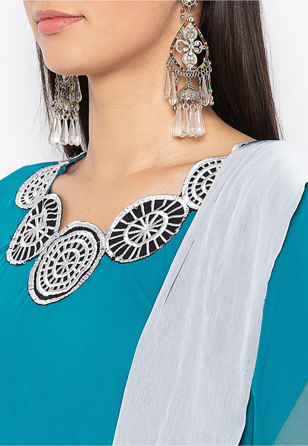 Embroidered Georgette Cowl Style Pakistani Suit in Teal Blue : KNF832