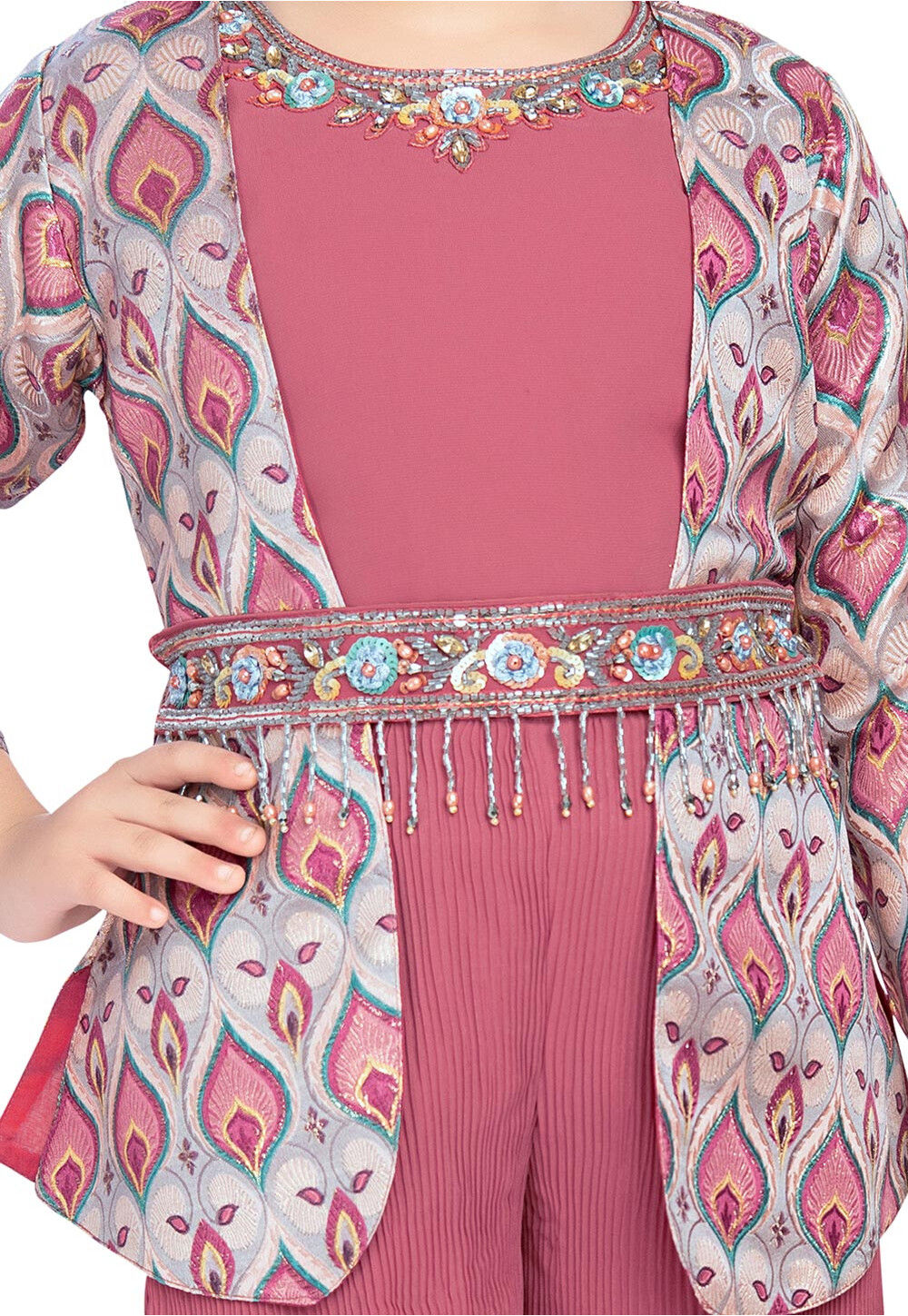 Embroidered Georgette Crop Top Jacket Set In Pink Uku1409