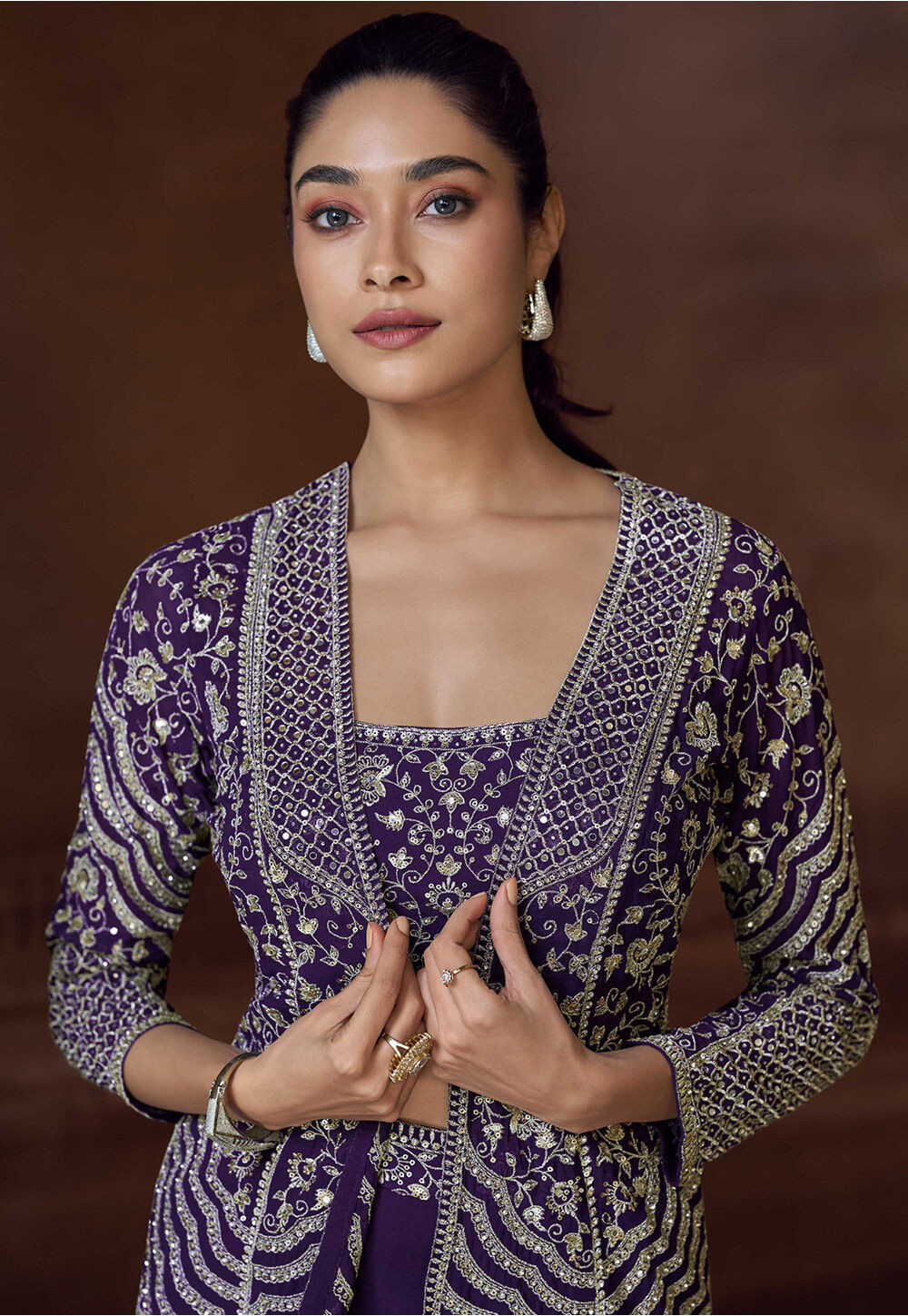 Buy Embroidered Georgette Crop Top Set in Purple Online : TCH560 ...