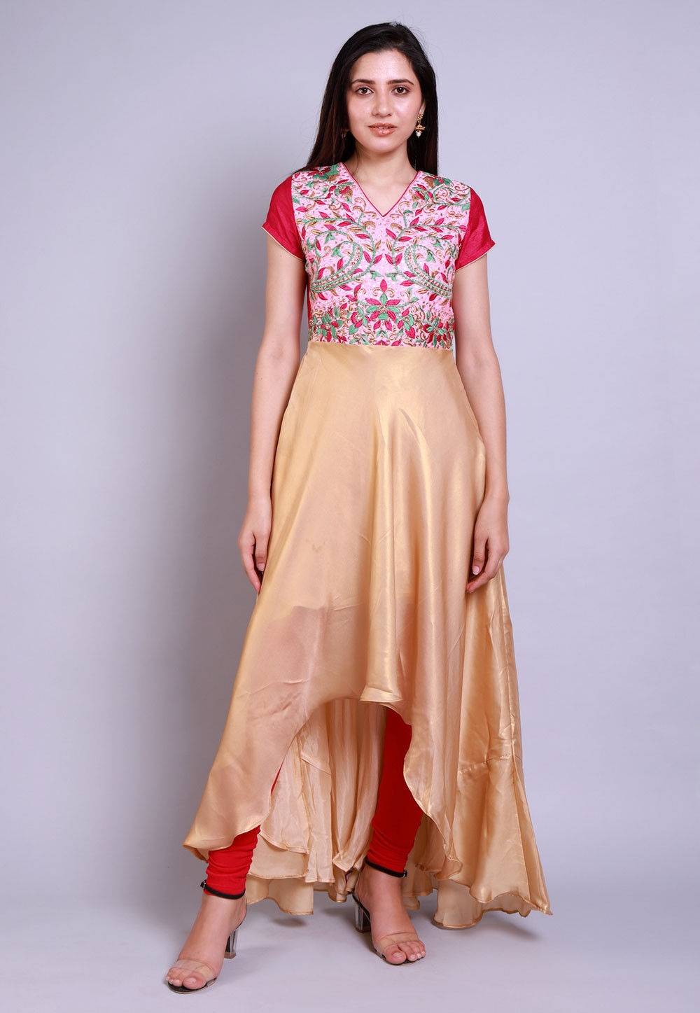 Buy Embroidered Georgette Deep Back Kurta in Golden and Pink Online ...