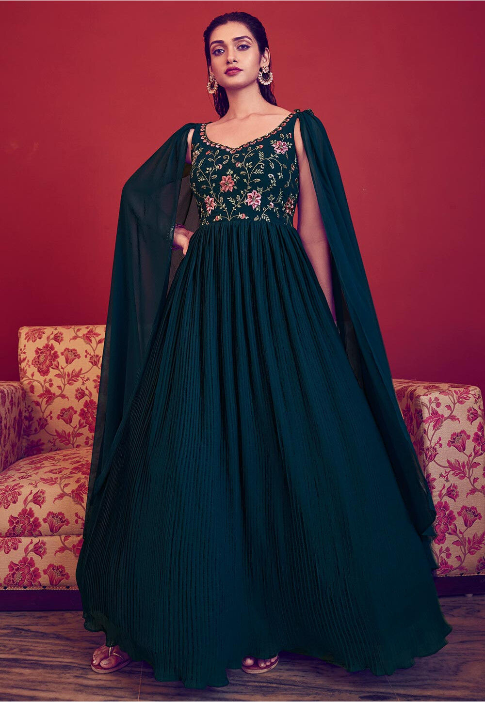 Buy Embroidered Georgette Flared Gown in Teal Blue Online : TBZ201 ...