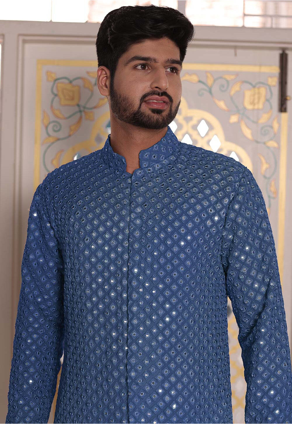 Buy Embroidered Georgette Front Open Kurta Set in Light Blue Online ...