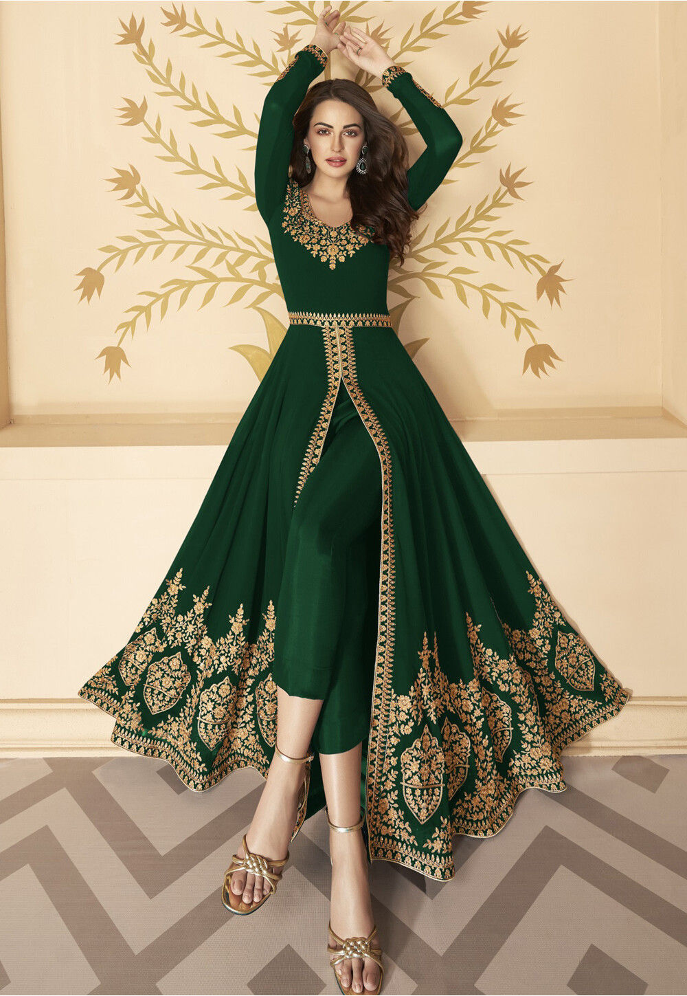 Buy Embroidered Georgette Front Slit Abaya Style Suit in Dark Green ...