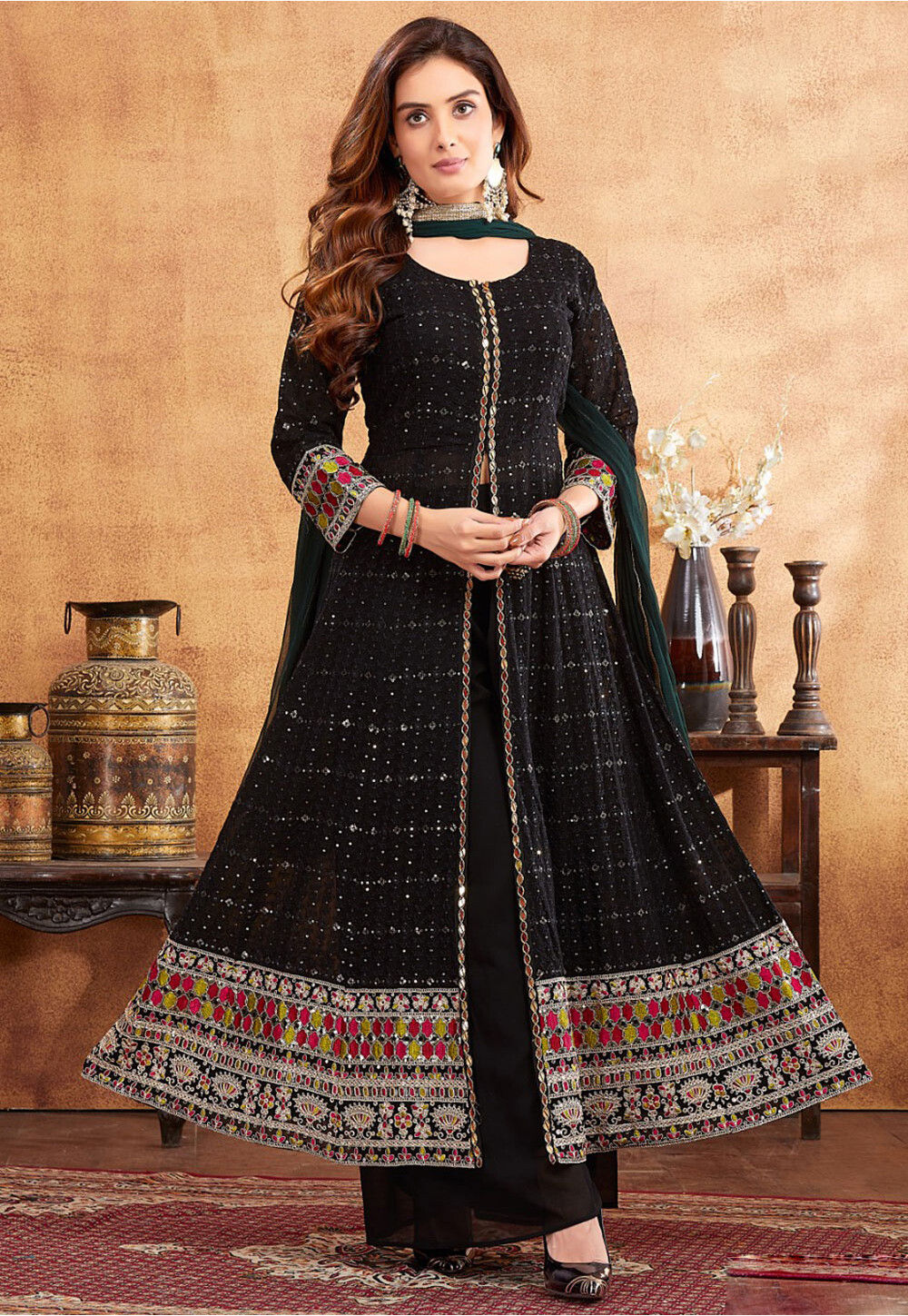 Buy Embroidered Georgette Front Slit Anarkali Suit in Black Online ...