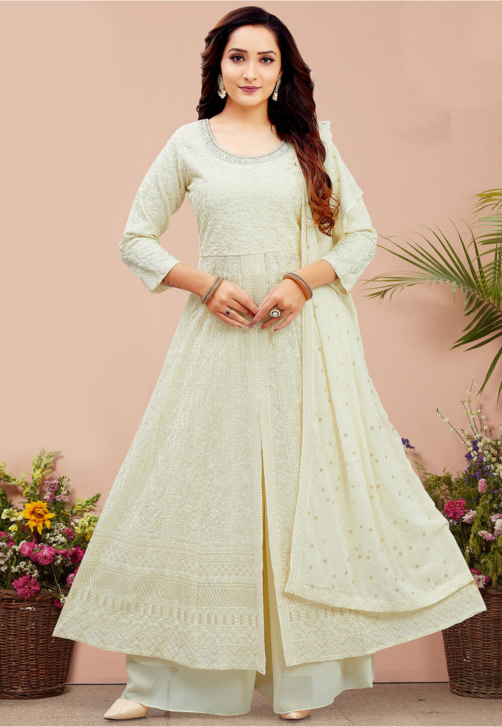 Buy Embroidered Georgette Front Slit Anarkali Suit in Cream Online ...