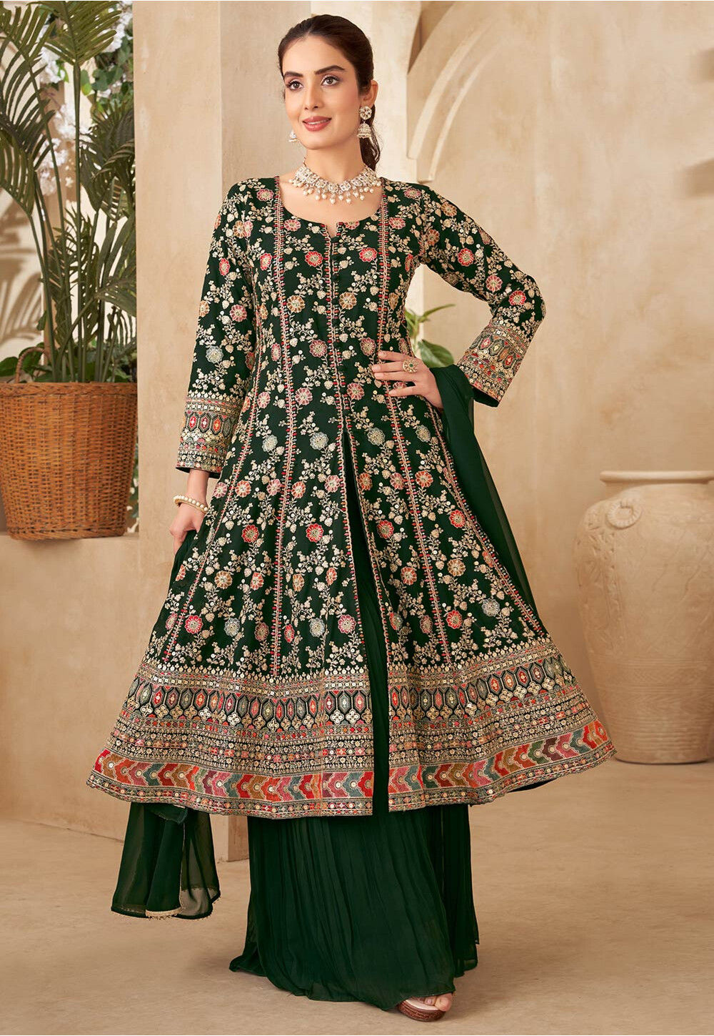 Buy Embroidered Georgette Front Slit Anarkali Suit in Dark Green Online ...
