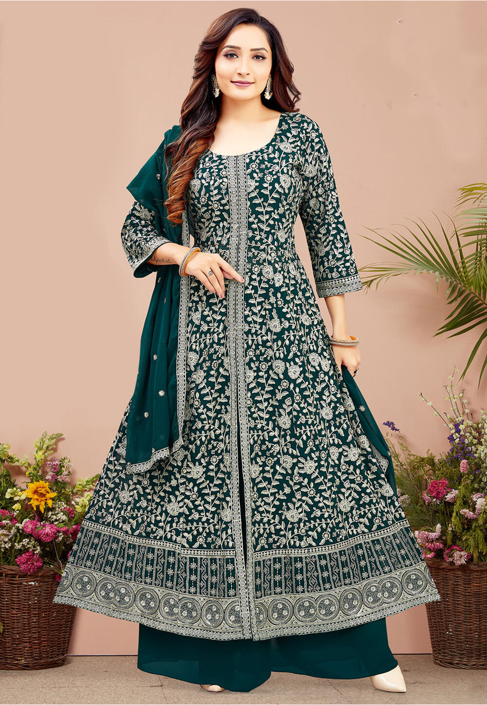 Buy Embroidered Georgette Front Slit Anarkali Suit in Dark Green Online ...