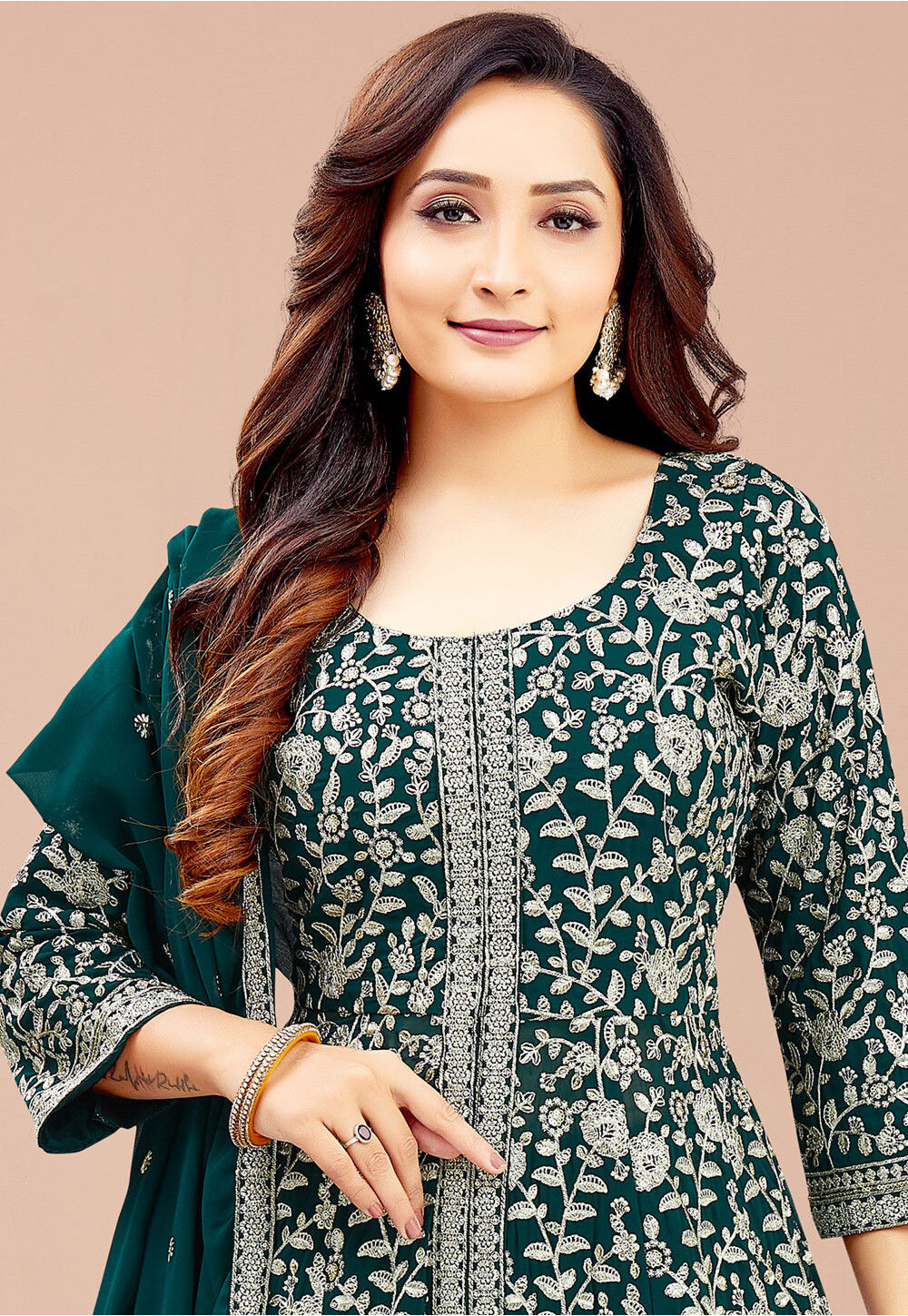 Buy Embroidered Georgette Front Slit Anarkali Suit in Dark Green Online ...