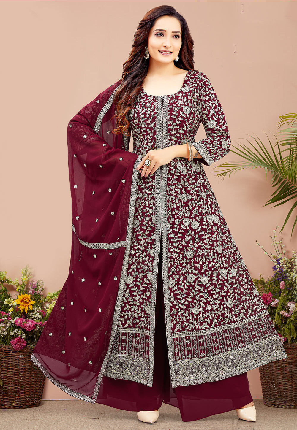 Buy Embroidered Georgette Front Slit Anarkali Suit in Maroon Online ...