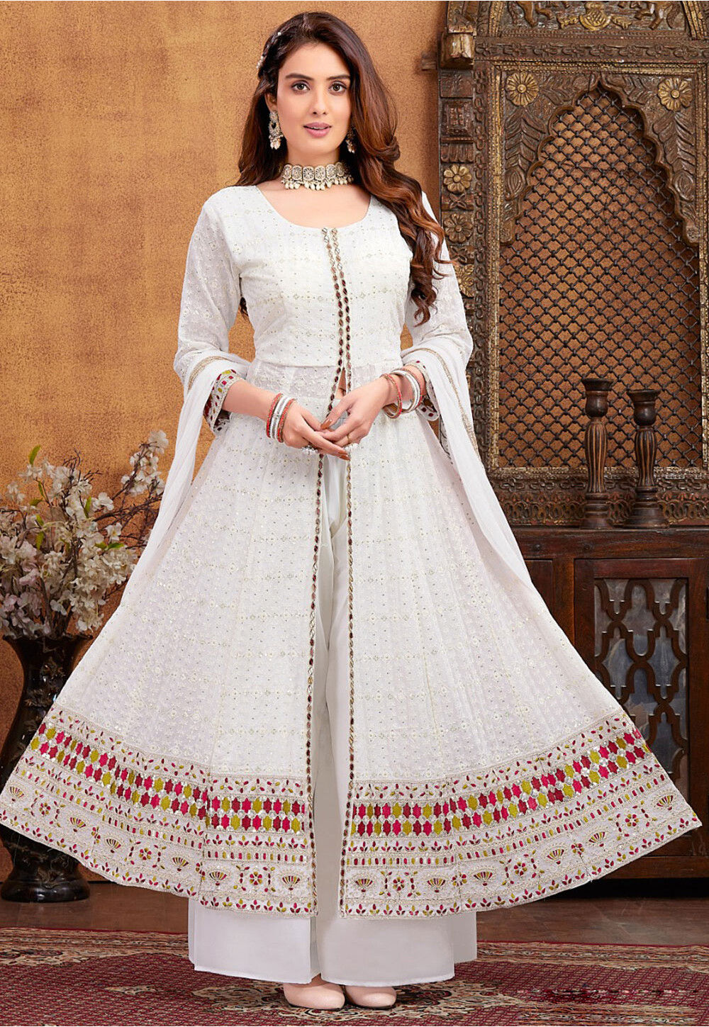 Buy Embroidered Georgette Front Slit Anarkali Suit in Off White Online ...