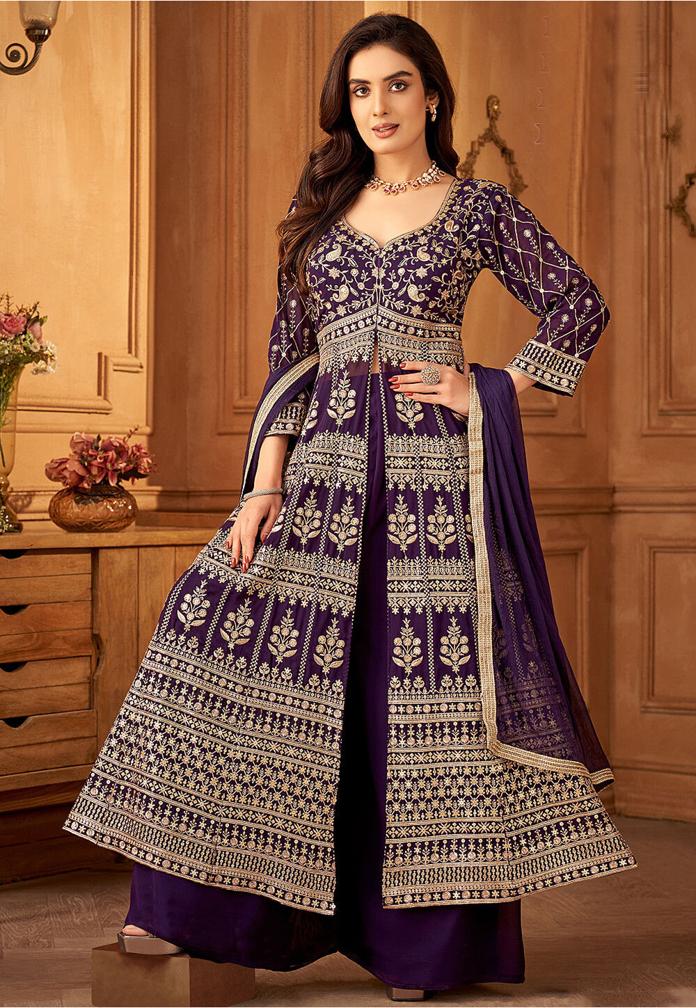 Buy Embroidered Georgette Front Slit Anarkali Suit in Purple Online ...