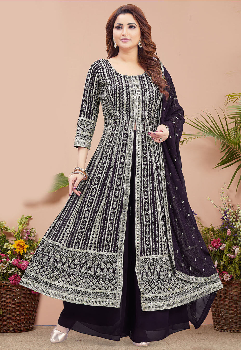 Buy Embroidered Georgette Front Slit Anarkali Suit in Purple Online ...
