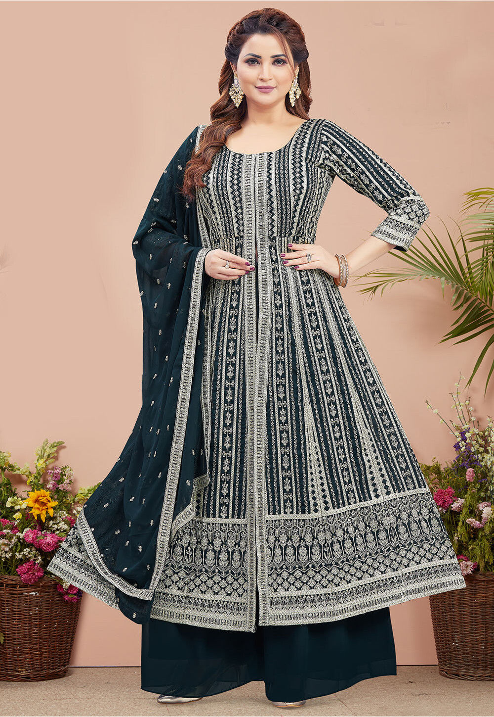 Buy Embroidered Georgette Front Slit Anarkali Suit in Teal Green Online ...