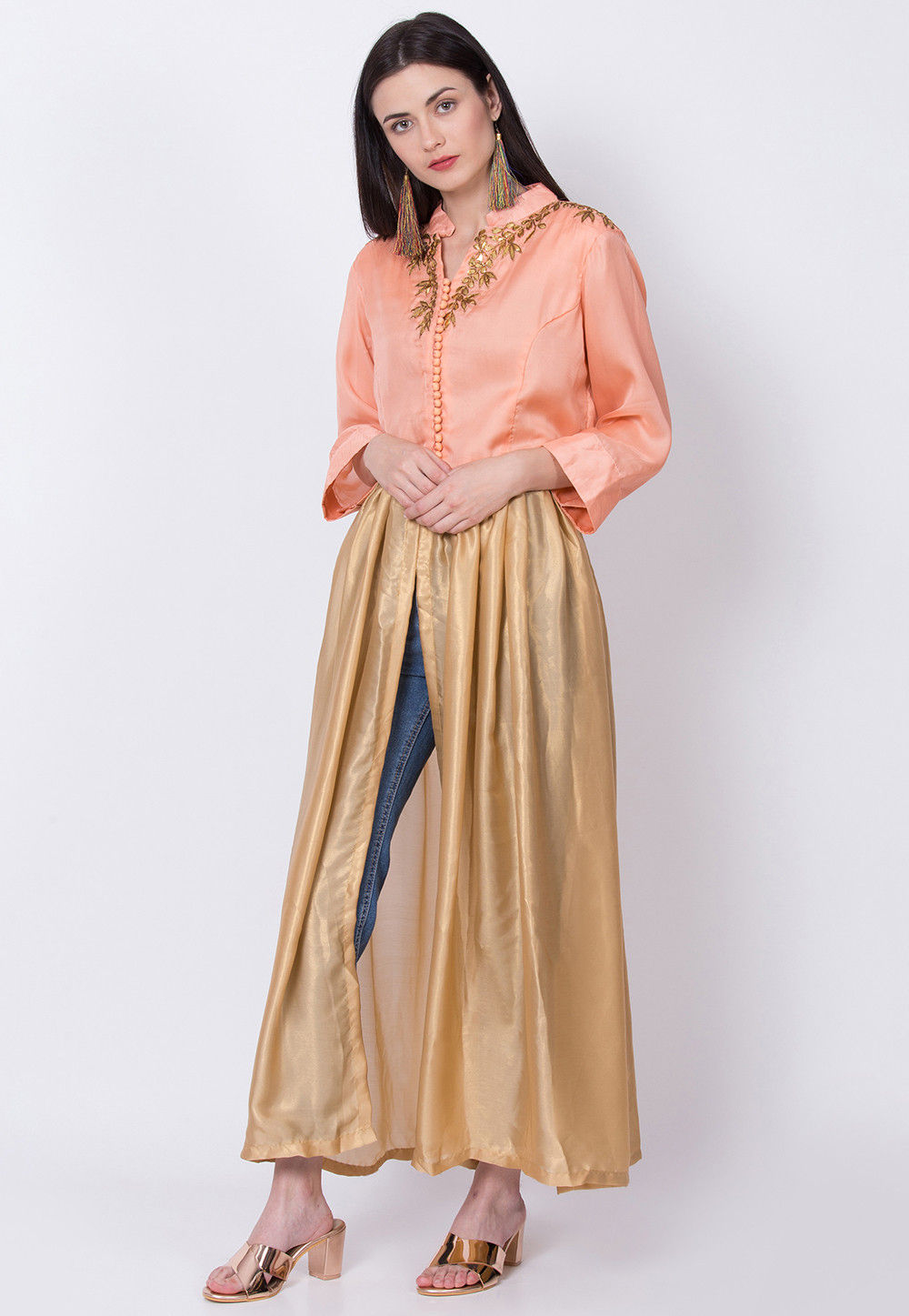 Buy Embroidered Georgette Front Slit Kurta in Golden and Peach Online ...