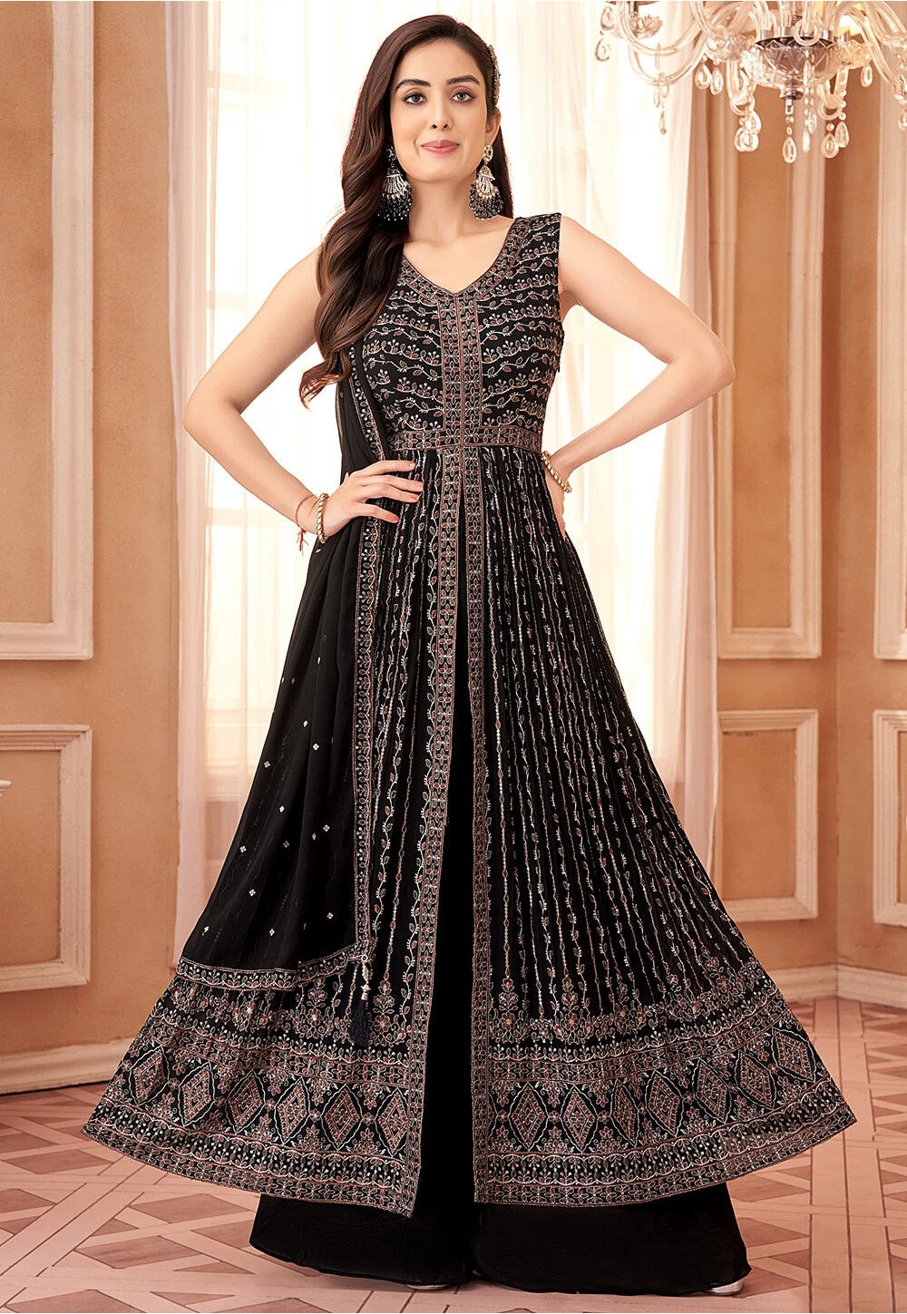 Buy Embroidered Georgette Front Slit Pakistani Suit in Black Online ...