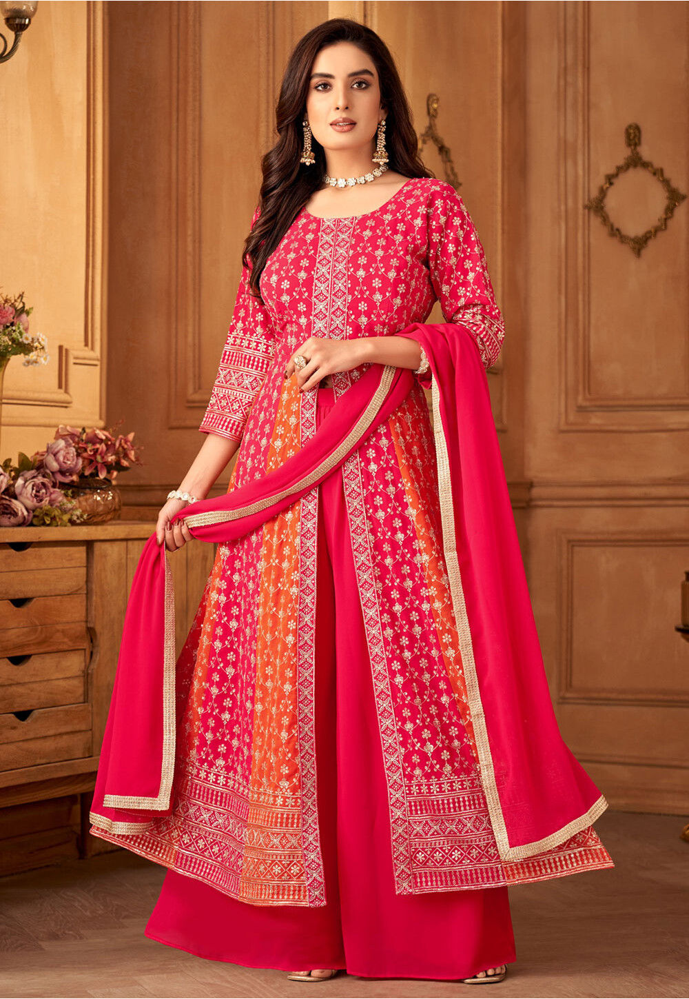 Buy Embroidered Georgette Front Slit Pakistani Suit in Fuchsia and ...