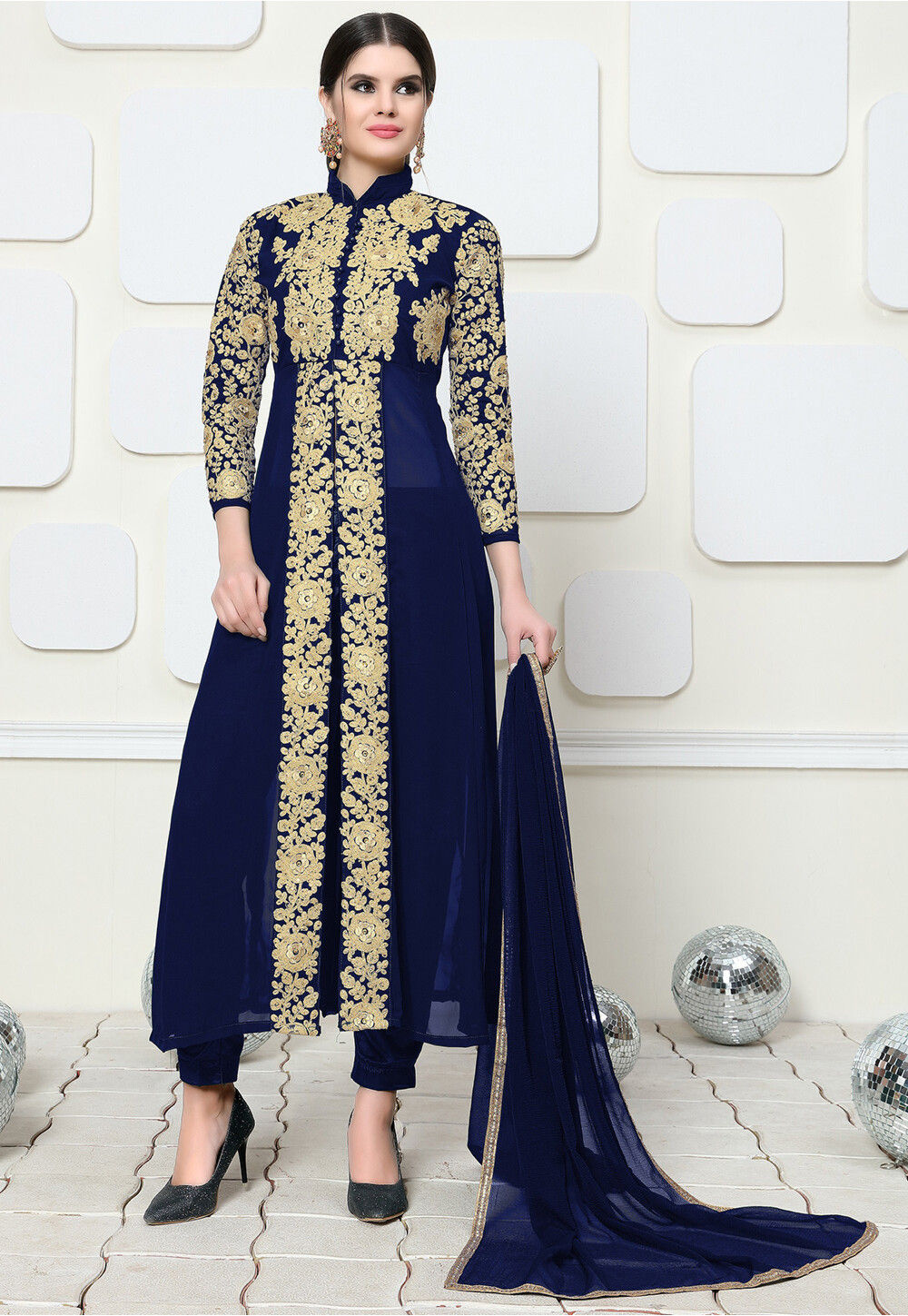 Buy Embroidered Georgette Front Slit Pakistani Suit in Navy Blue Online ...