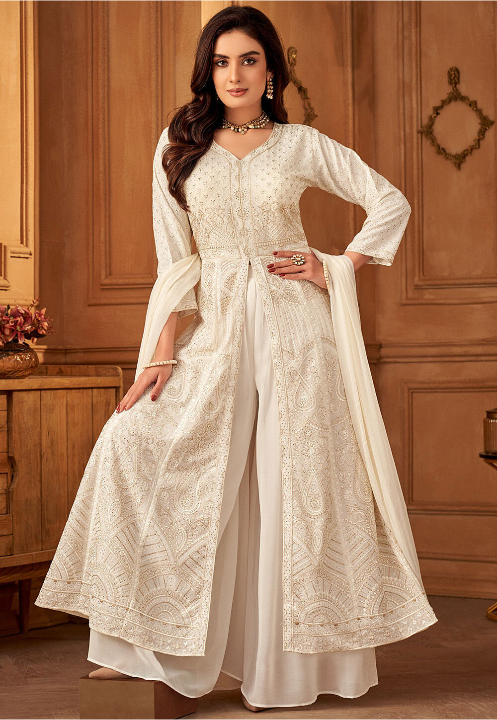 Buy Embroidered Georgette Front Slit Pakistani Suit in Off White Online ...