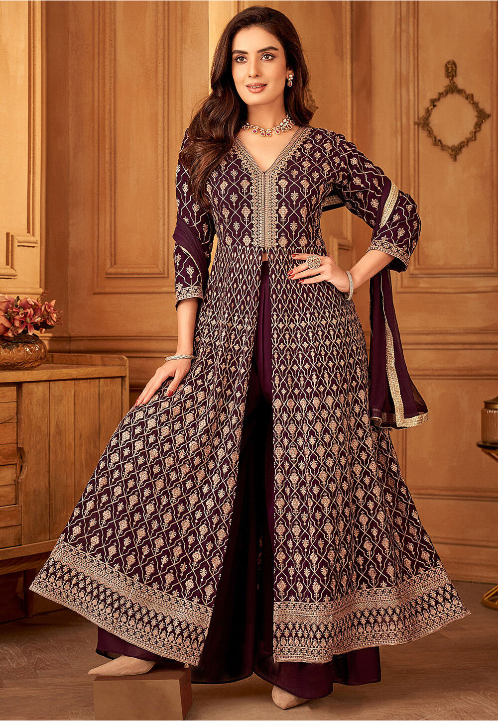 Buy Embroidered Georgette Front Slit Pakistani Suit in Purple Online ...